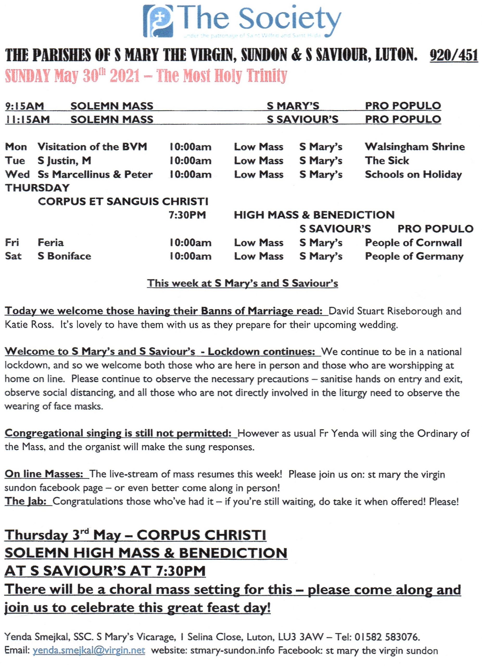 Sunday May 30th 2021 – The Most Holy Trinity. – St Mary's Church Sundon