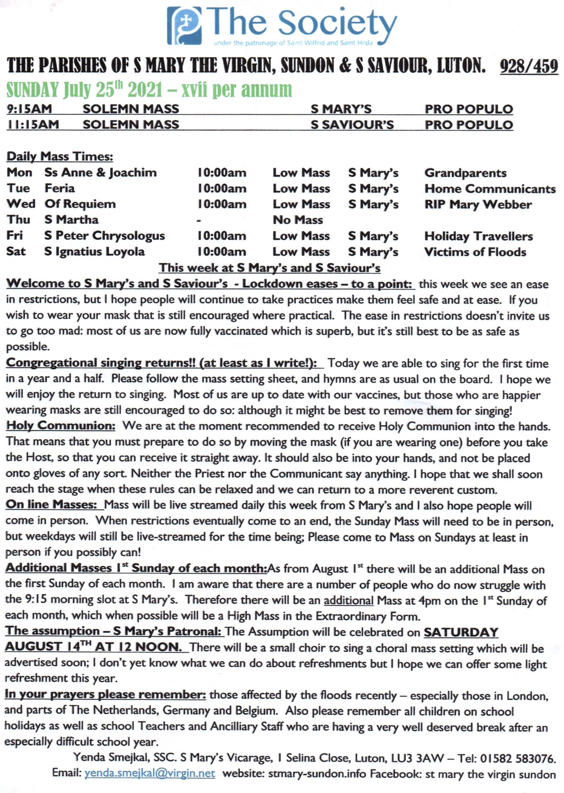 Sunday 25th July 2021 – – St Mary's Church Sundon