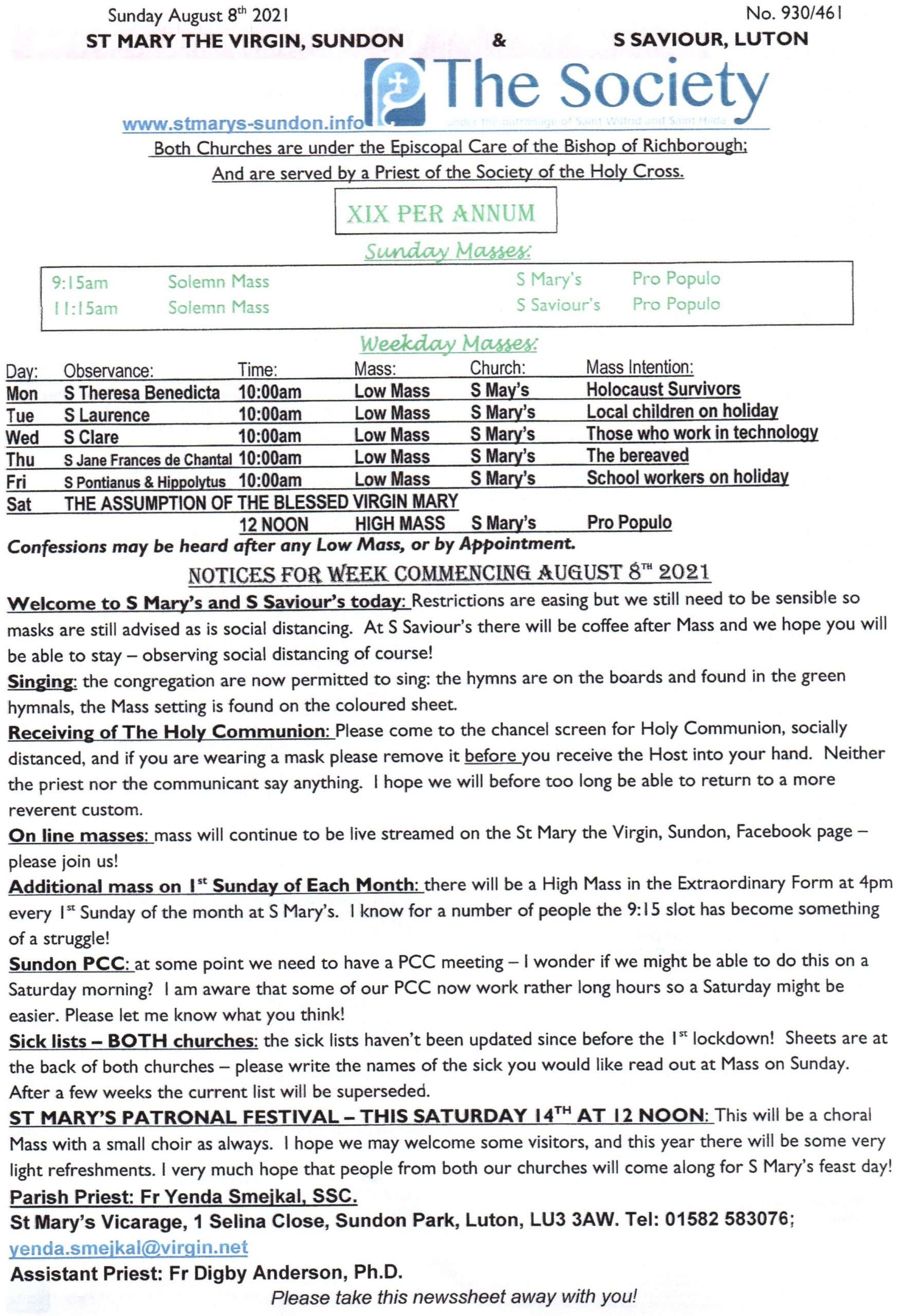 Sunday 8th August 2021 – St Mary's Church Sundon